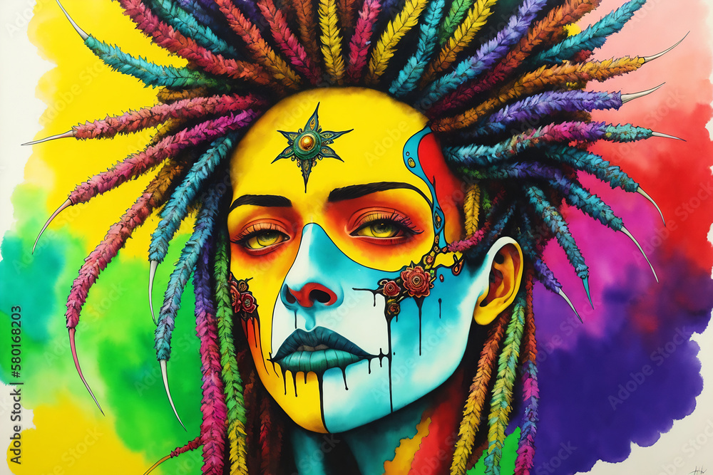 Young woman with colored dreadlocks that goes into color paint splashes ...