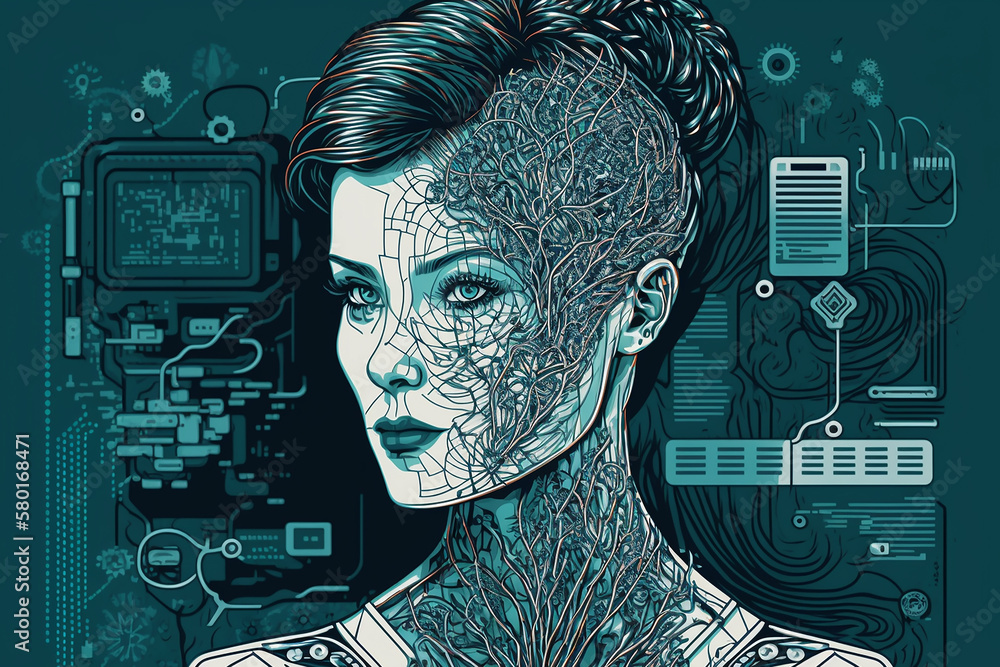 Digitized Character Portrait, Fusion Between Woman and AI. Created with ...