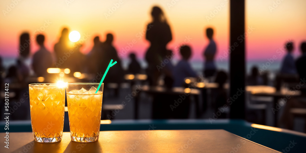 Alcoholic cocktails long drink resting on a bar counter, defocused ...