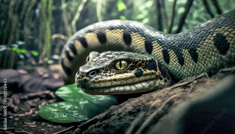 Encountering a giant anaconda in the heart of the jungle. Generative AI ...