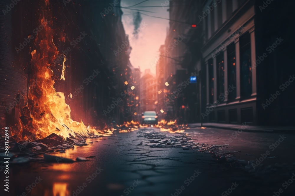 A burned city street with no life apocalyptic scene, selective focus ...