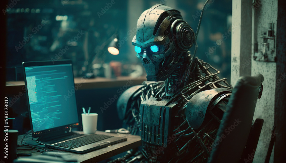 AI chatbot robot assistant sitting at desk using computer as artificial ...