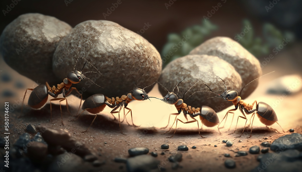 Cartoon ants colony working together. team of ants moving stone uphill ...