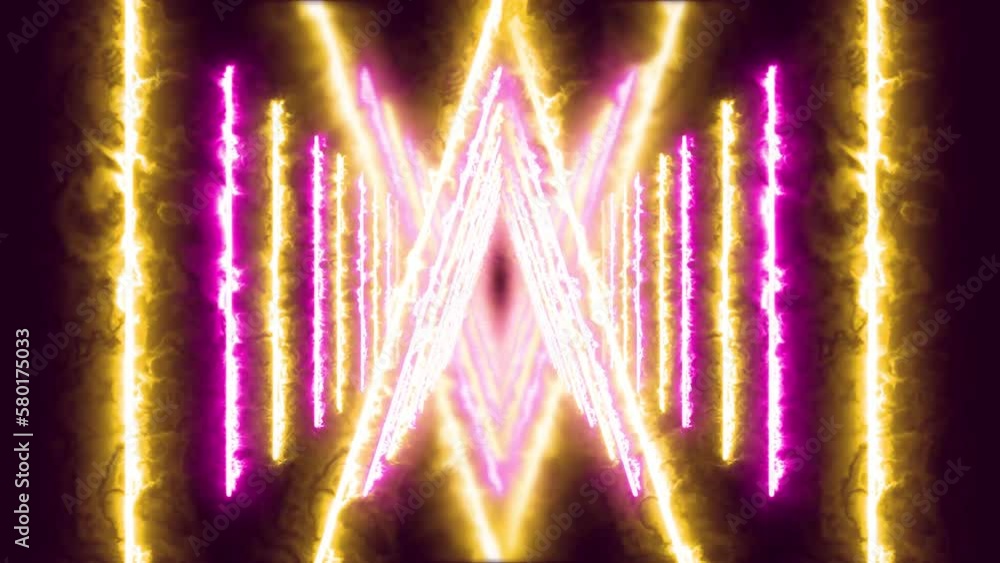Endless corridor with neon fire lines tending up, yellow and pink fire ...
