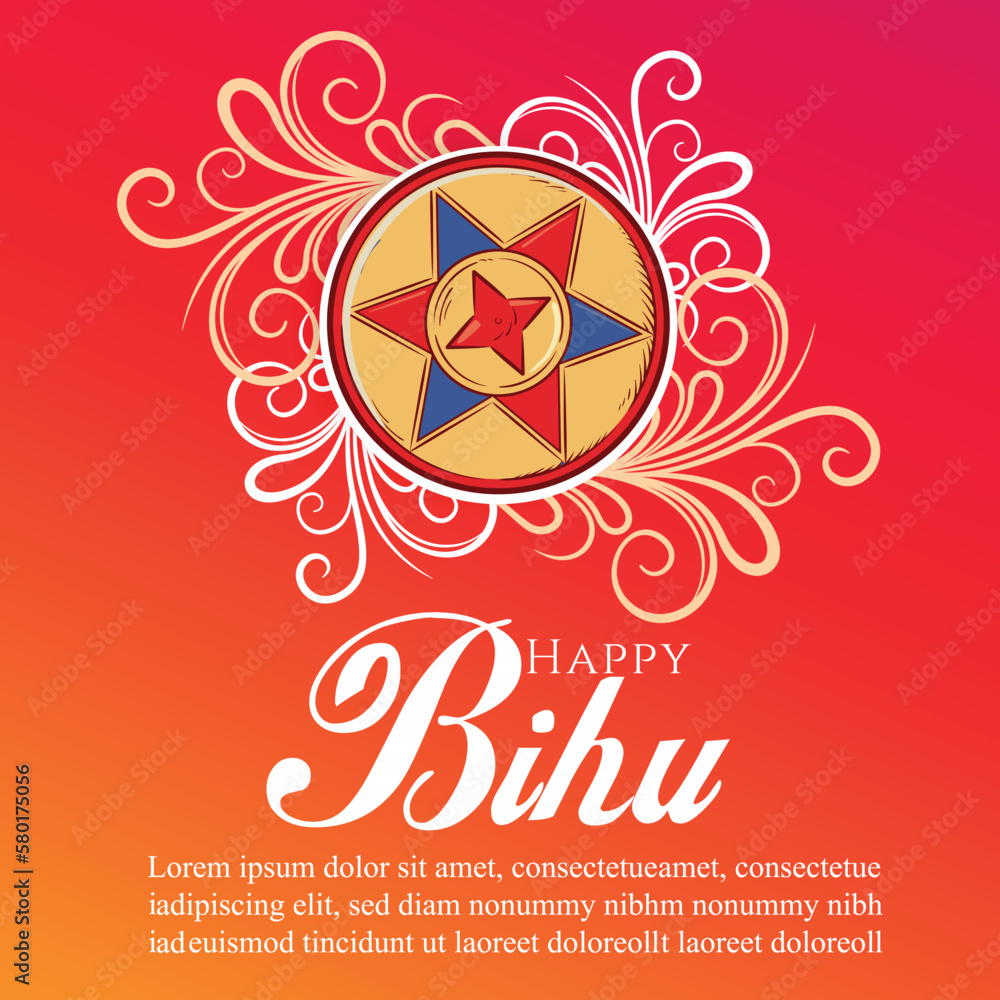 Greeting background with gamosa, japi (bamboo hat) and pepa (horn) for ...