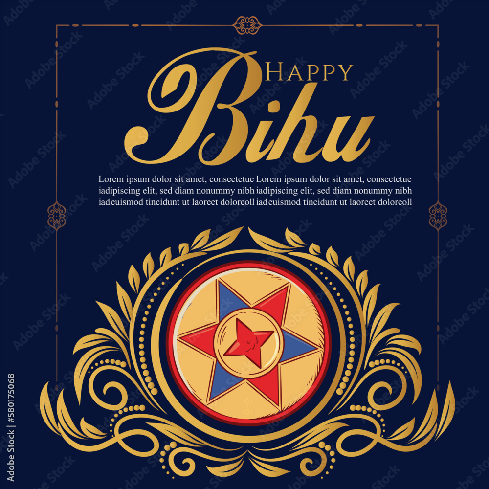 Greeting background with gamosa, japi (bamboo hat) and pepa (horn) for ...