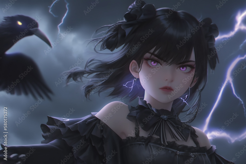 Anime Character. Gothic Witch Wearing Dark Clothes In A Magic Storm ...