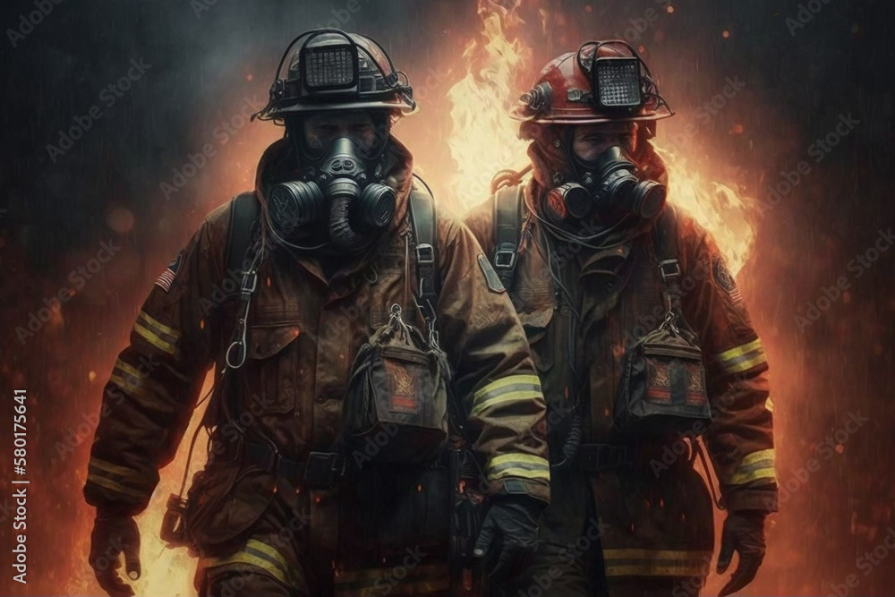 illustration of a couple of firefighters between flames and smoke ...