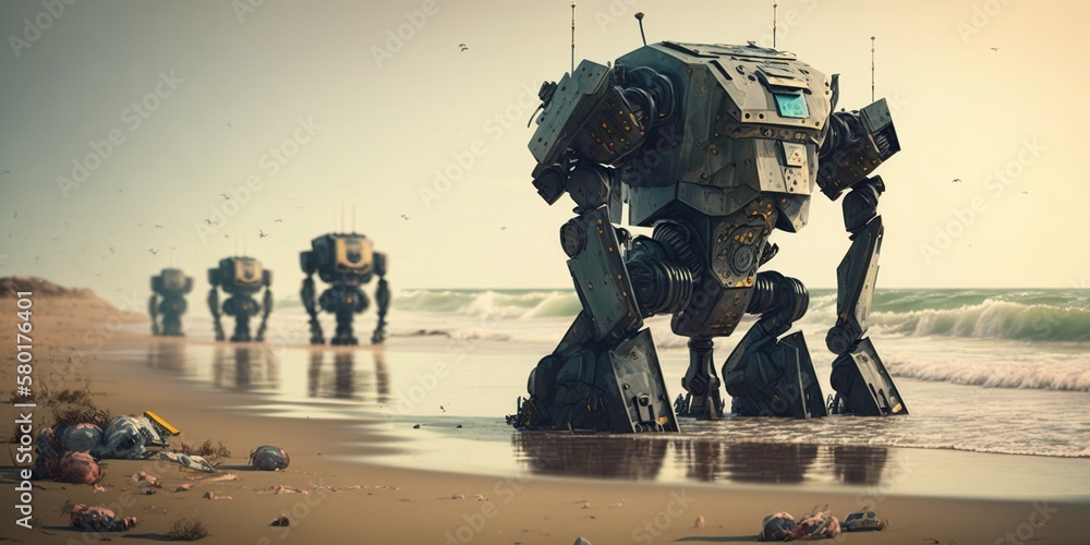 beach where autonomous trash collecting robots patrol shoreline picking ...