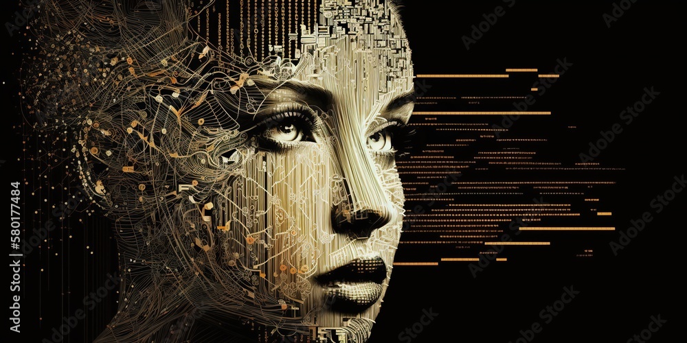 Abstract Representation Of Womans Face Made Up Of Binary Code And Computer Symbols With Lines