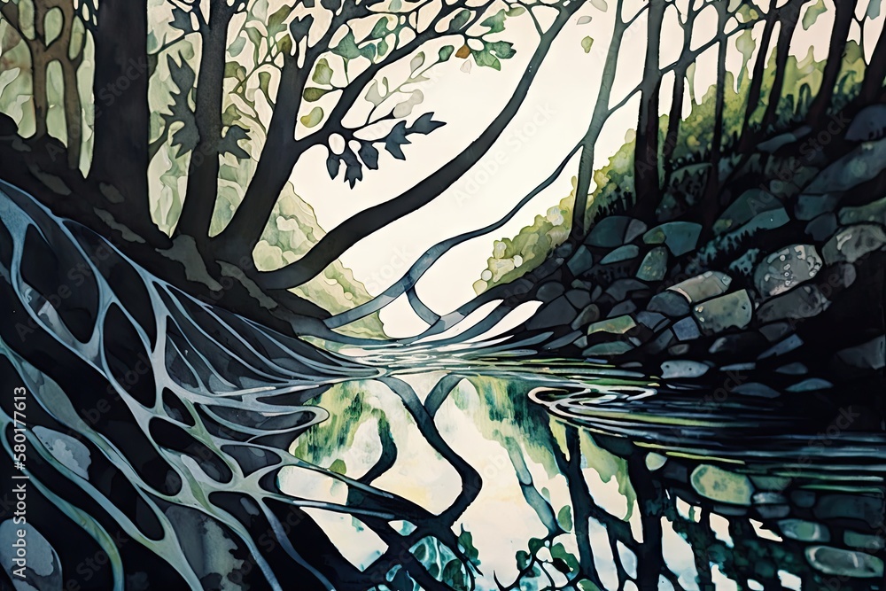 an abstract watercolor painting of a forest stream, with the ...