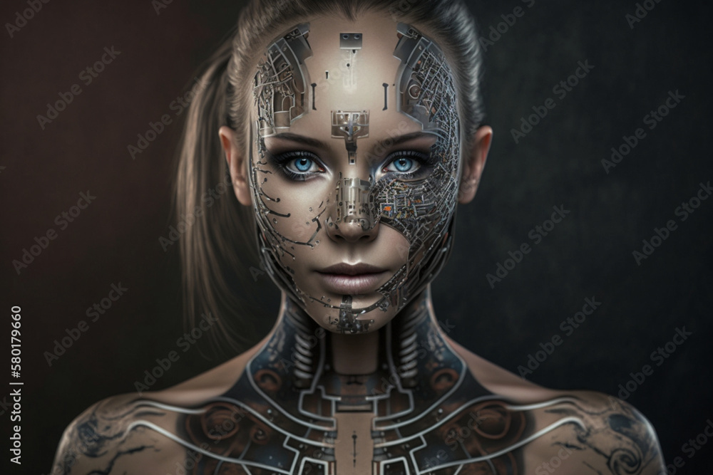 Young android head robot nice blond woman with part of skin and metal ...