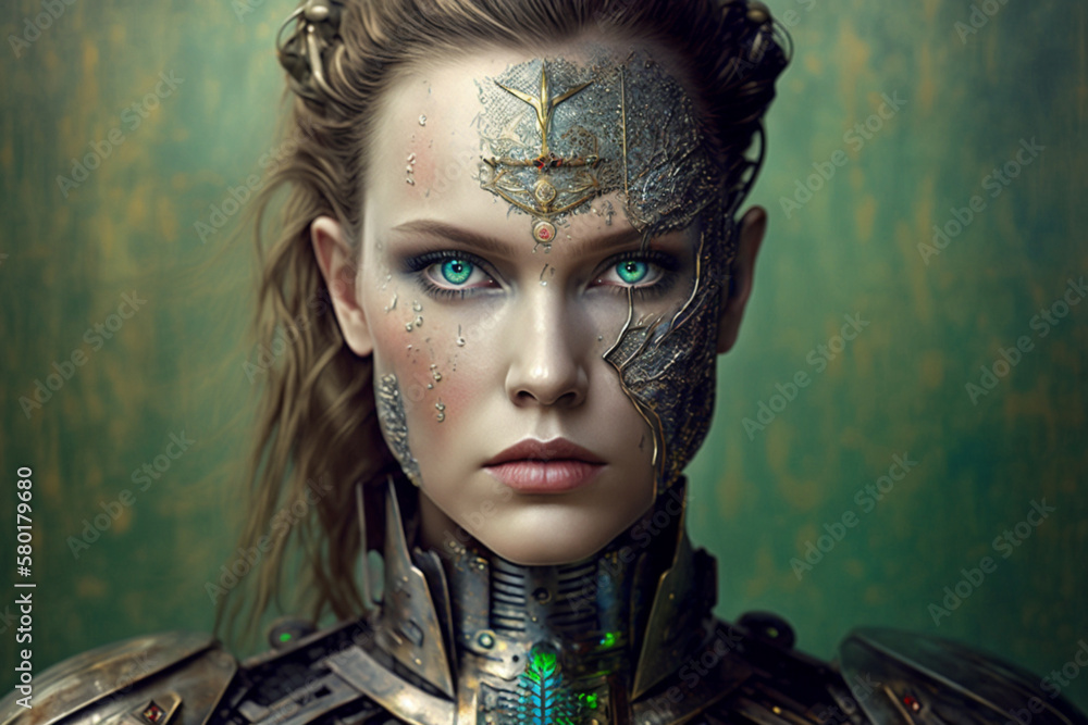 Young android head robot nice woman with part of skin and metal on a ...