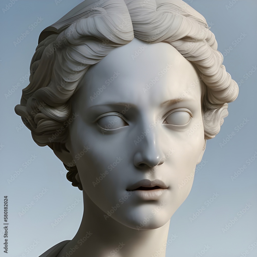 3D illustration of a white marble bust featuring a young woman with ...