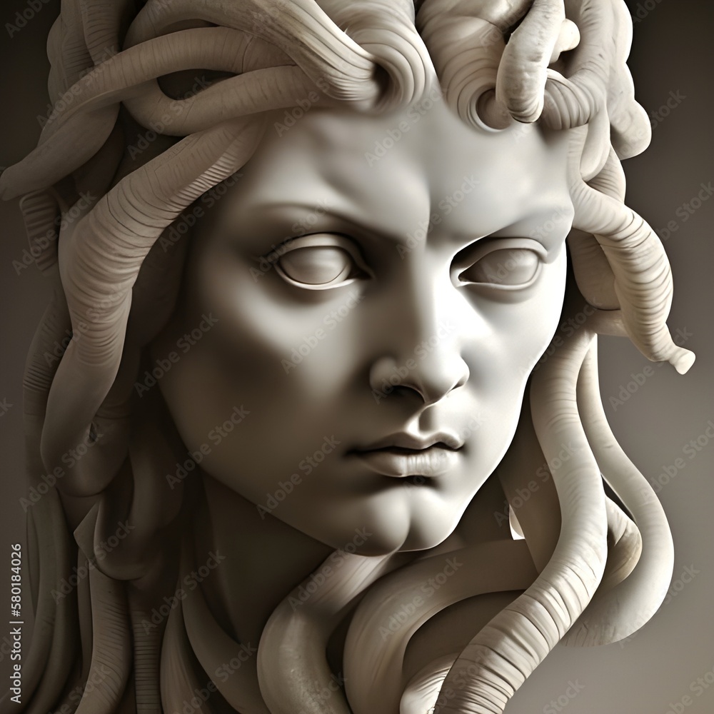 Generative AI image featuring a white marble bust of Medusa, otherwise ...