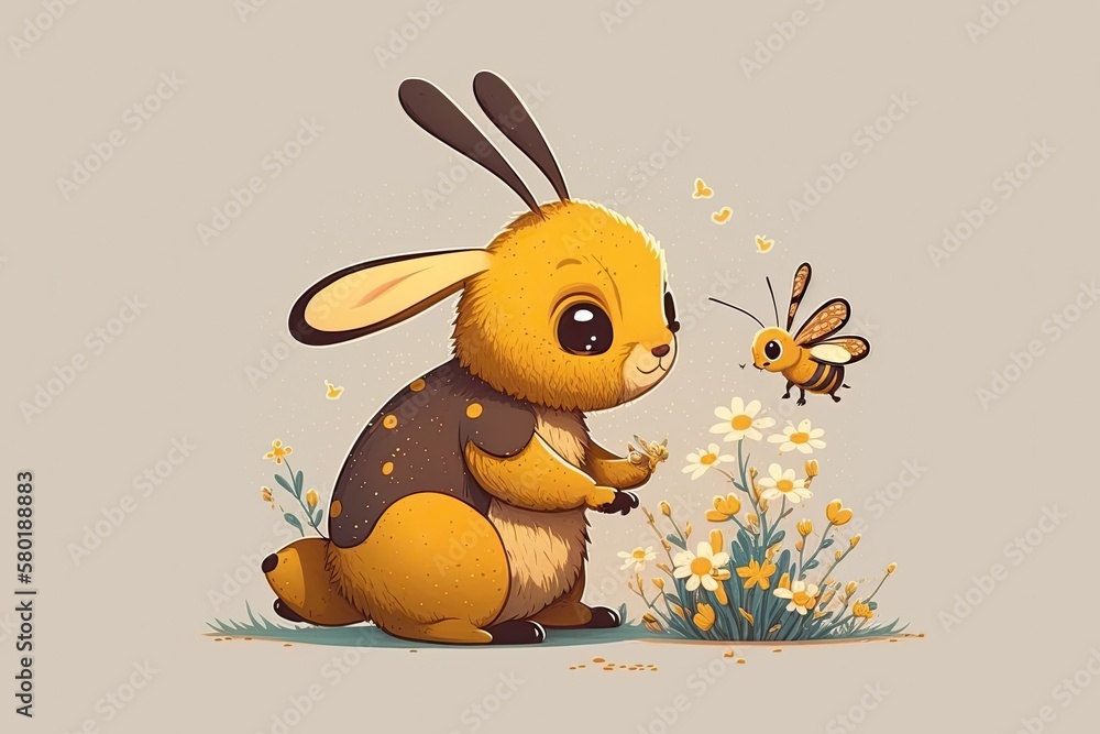 Cartoon drawing of an adorable rabbit playing with a bee. Isolated ...