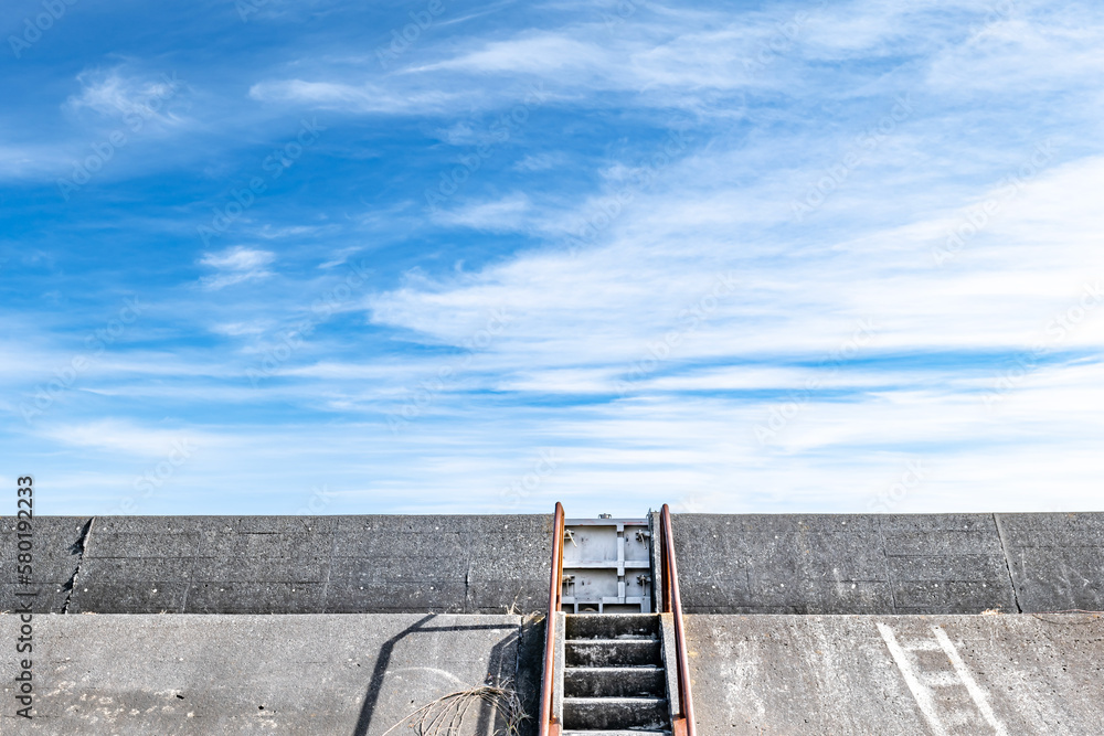 Concrete embankment and stairs with rusty railings and sky. Photos ...