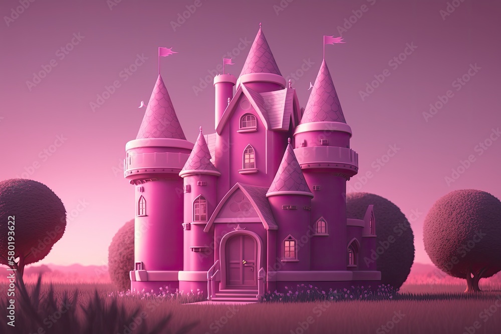 A pink princess castle suited for a princess, surrounded by a field of ...
