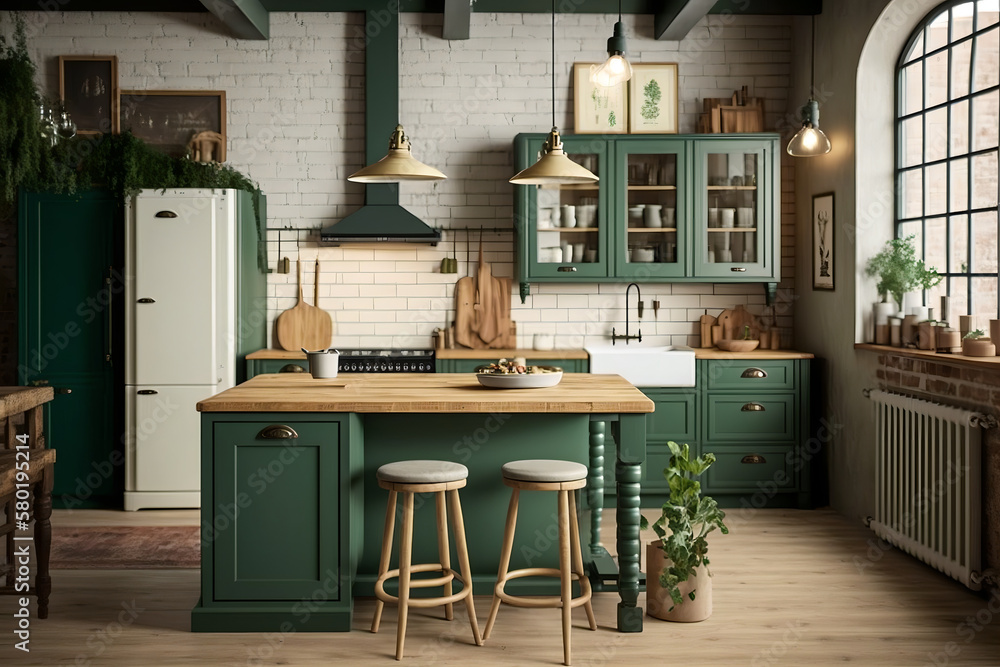 A vintage green kitchen with an island featuring white brick, laminate ...