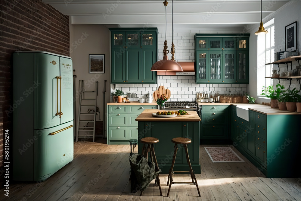 A vintage green kitchen with an island featuring white brick, laminate ...