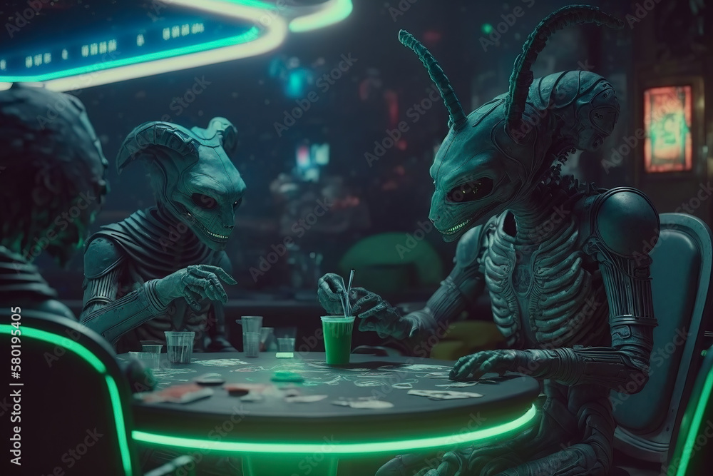 Weird aliens sitting at a table playing poker or cards in a neon lit ...