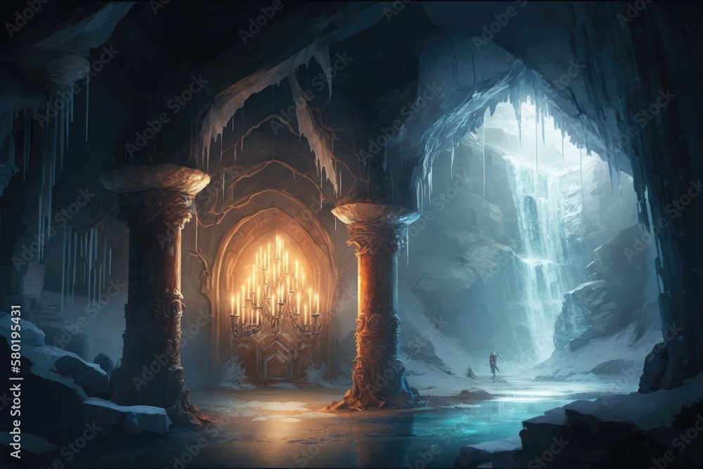 a frozen cavern with icicles hanging from the ceiling, reflecting light ...