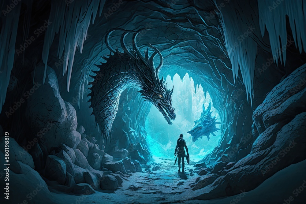 a frozen cavern with a dragon statue and ancient drawings of the ...