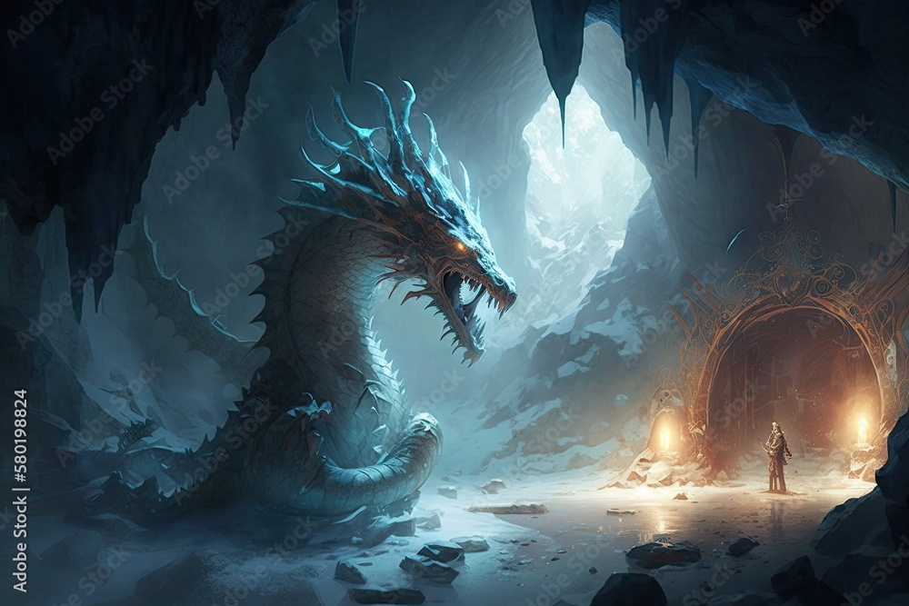 a frozen cavern with a dragon statue and ancient drawings of the ...