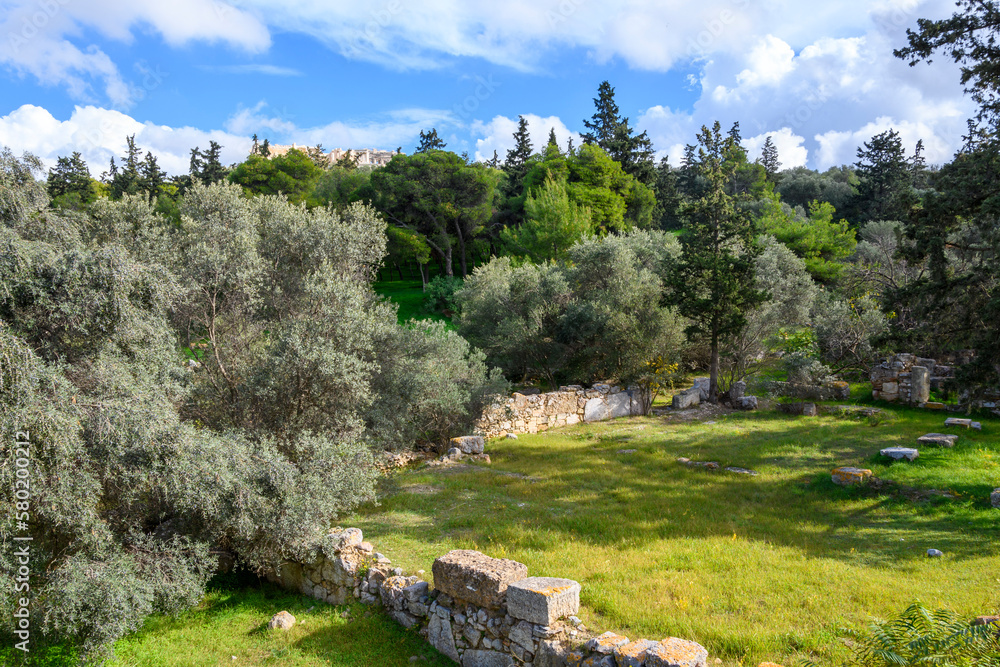 Ruins can be seen among the trees at the ancient Greek Agora at the ...