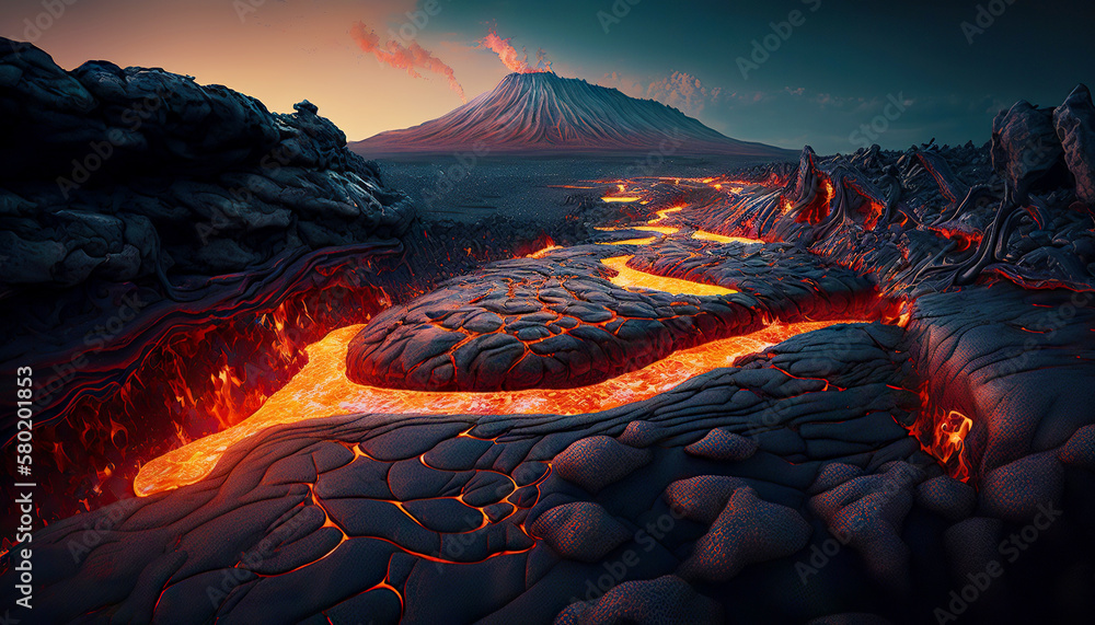 Lava filed in front of volcano eruption. Lava flow down the slopes ...