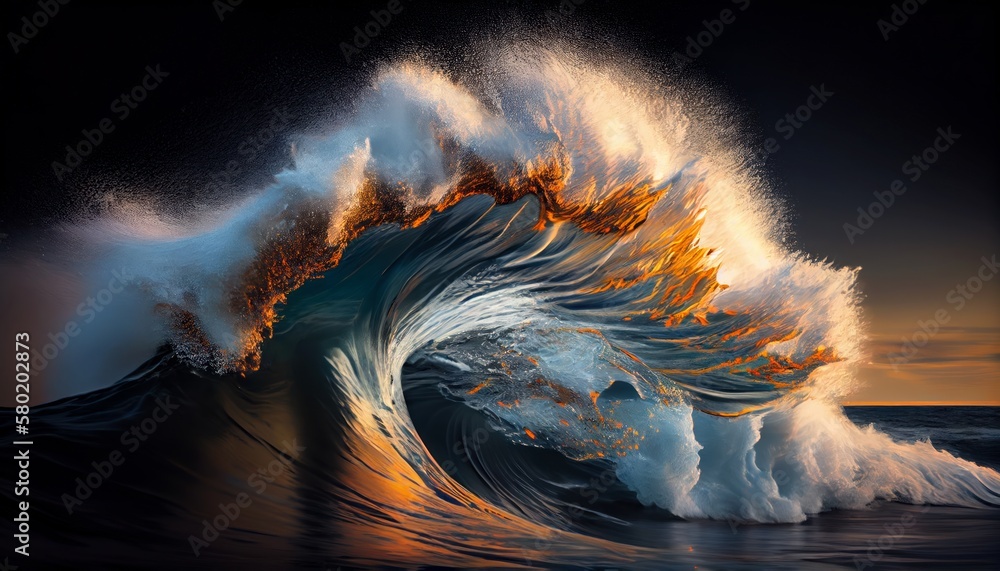 large wave middle body deep gorgeous intricate fire painting golden ...