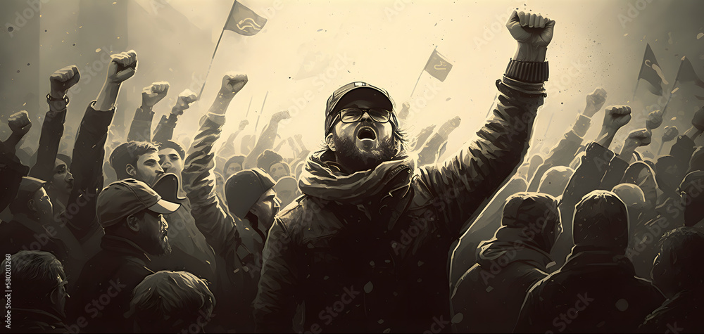 Fist on the demonstrators, Crowd of protesters with flags and fists in ...