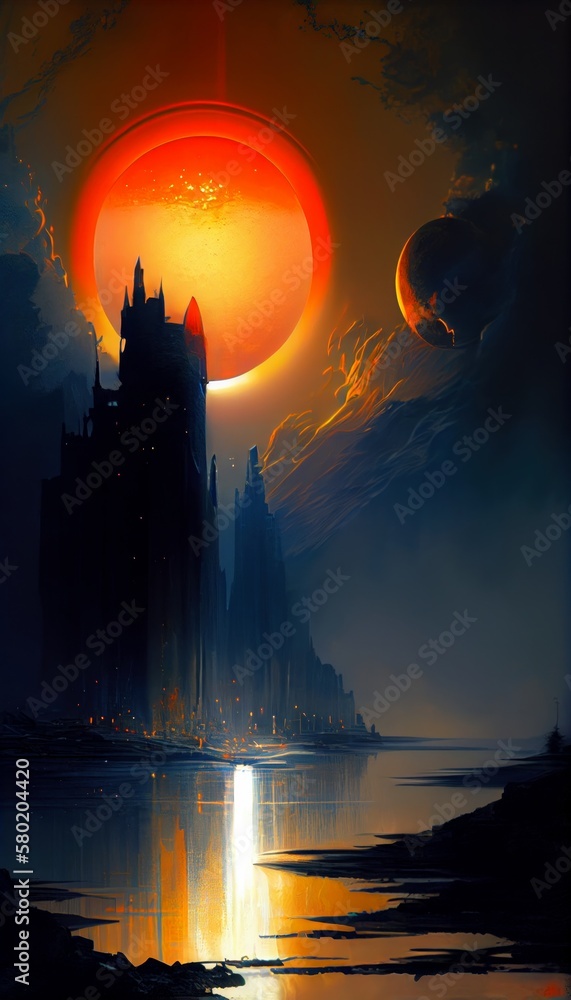 painting city body deep huge black glowing sun digital fantasy art red ...