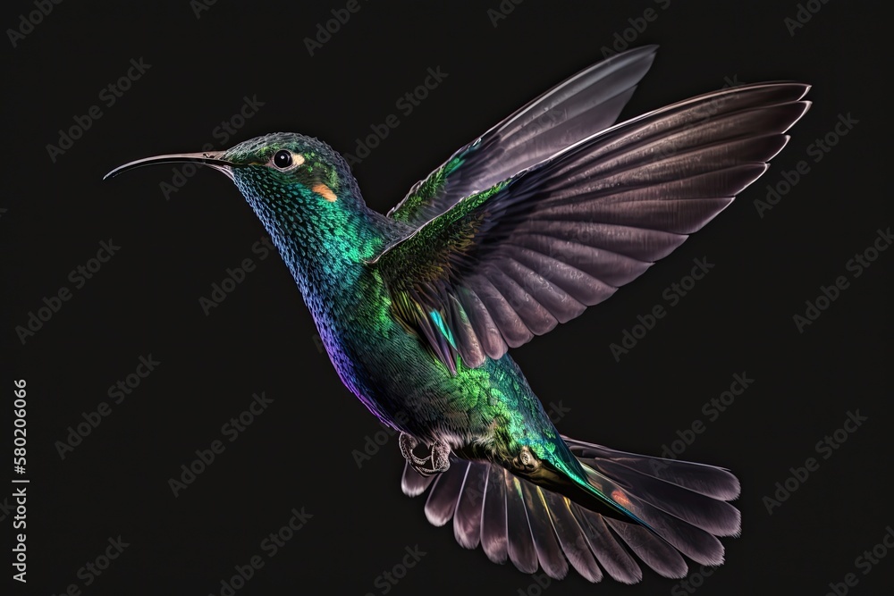 Sparkling violetear hummingbird (Colibri coruscans) in the air. Low key ...