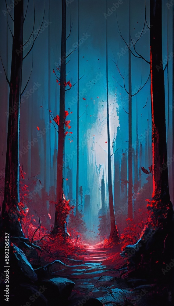 painting path middle forest red blue neon beautiful wallpaper blood ...
