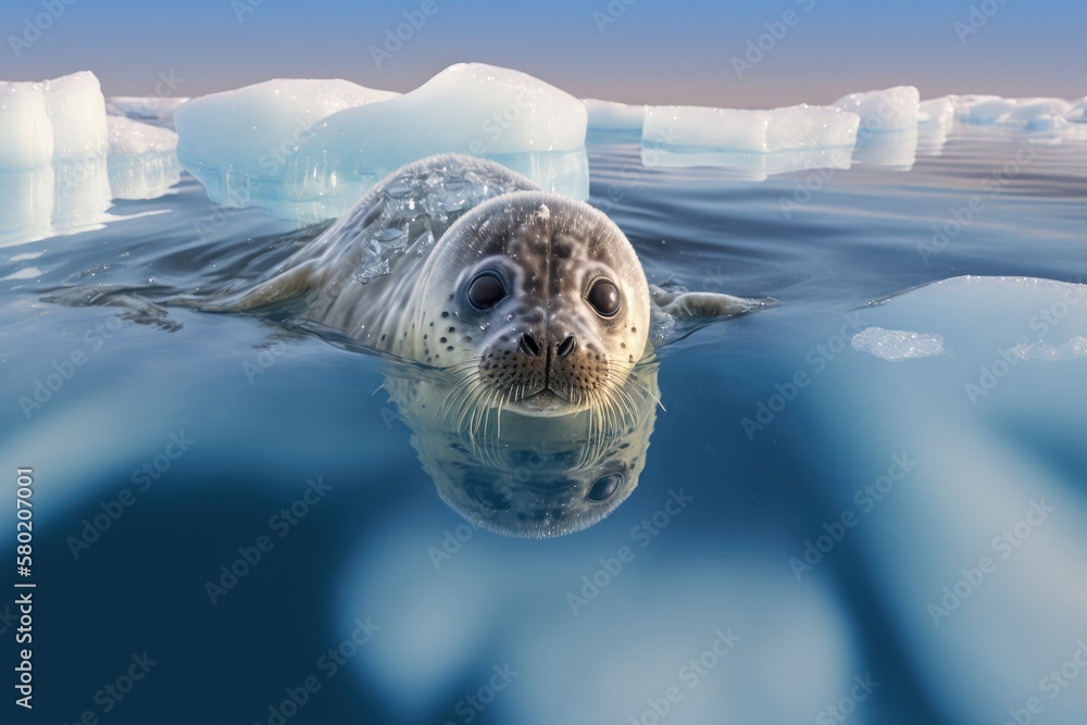 Ilustrace „Baby Baikal seal on Lake Baikal ice, april. The Lake Baikal ...
