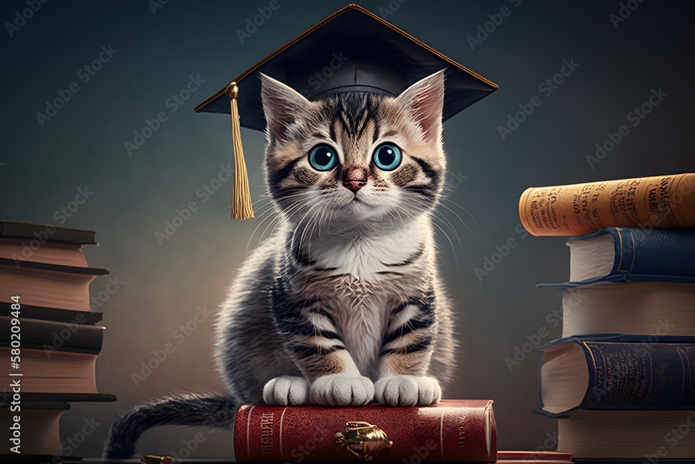 A cute cat with a graduation cap, sitting on a stack of books ...