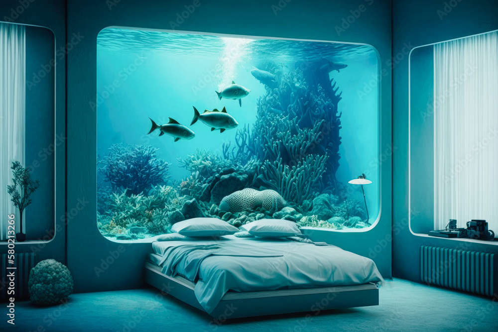 A bedroom designed to look like it's submerged underwater, with a blue ...