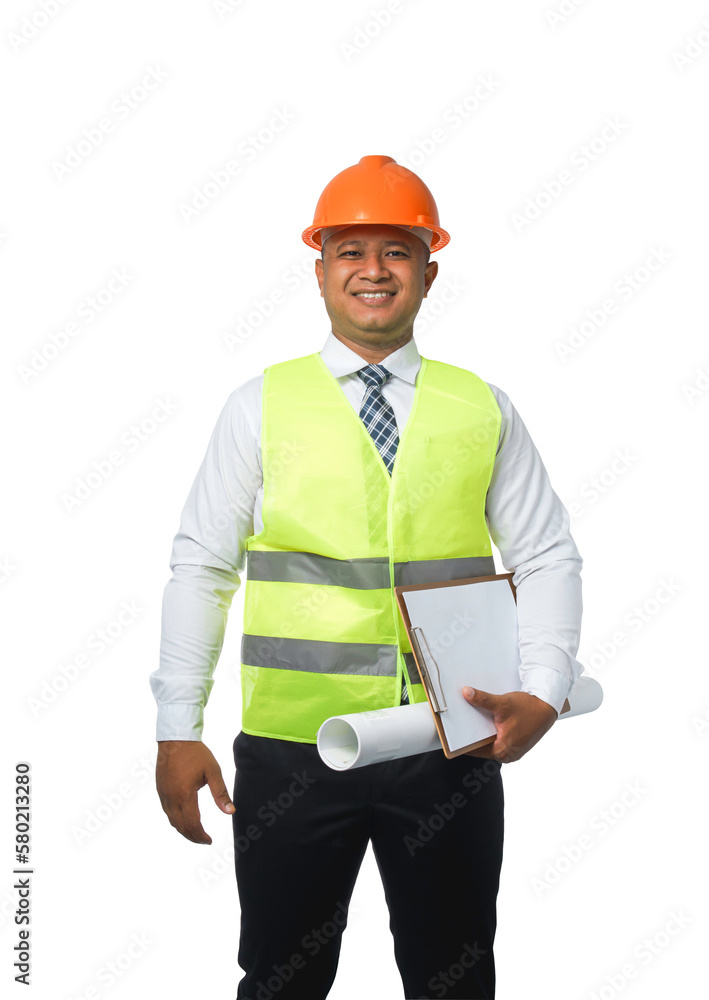 Fotka „Portrait of a handsome chief engineer wearing a hard hat. Put on ...