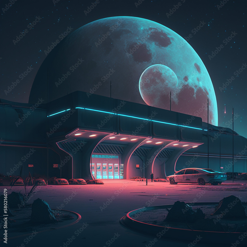 city with moon and stars the parking lot of a western sci-fi cyberpunk ...