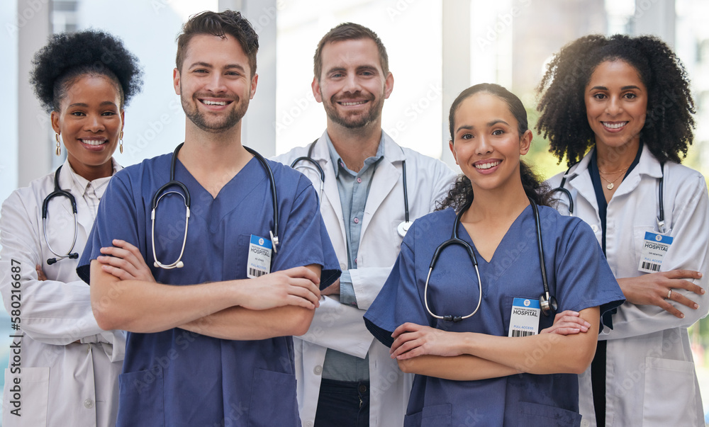 Foto de Portrait, nurses and doctors at hospital proud, empowered and excited about medical ...