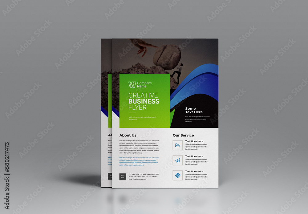 Creative Flyer Layout with Graphic Elements and Green Accents Stock ...