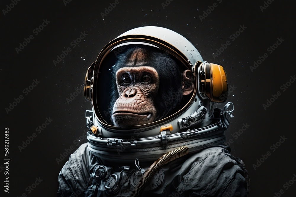 Astrochimp monkey standing in front of a black background while wearing ...