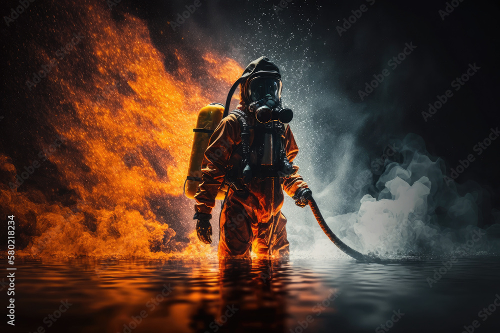 firefighter training, fireman using water and extinguisher to fighting ...