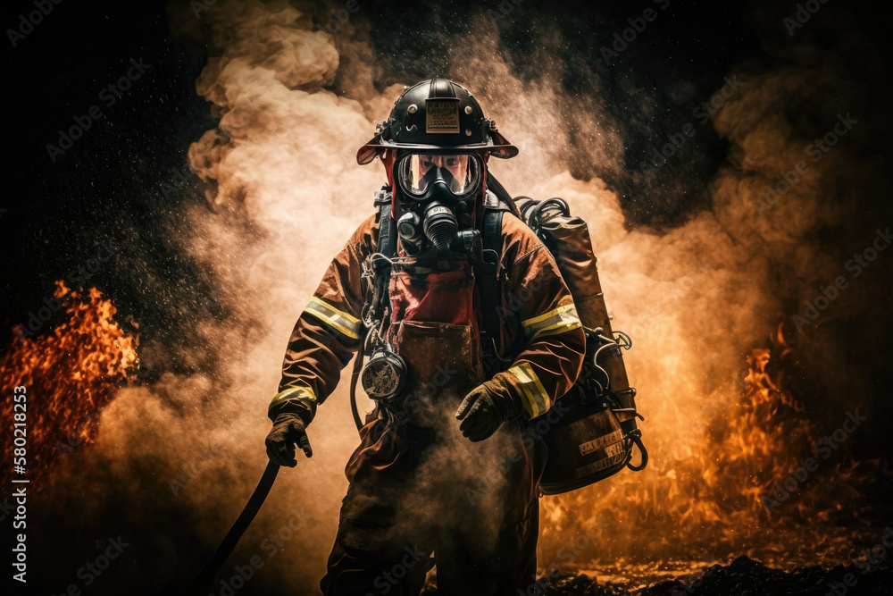 firefighter training, fireman using water and extinguisher to fighting ...