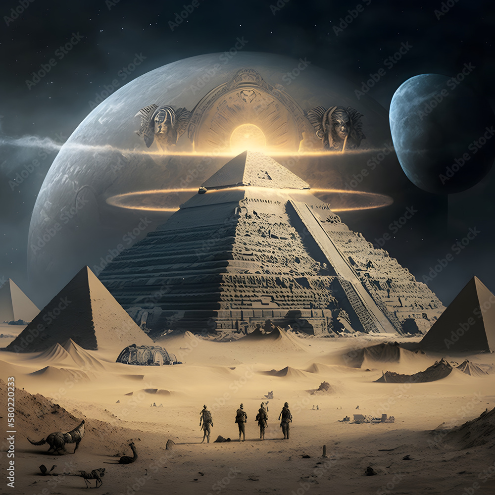 Futuristic pyramid in the desert on the moon in the night sky, Ancient ...