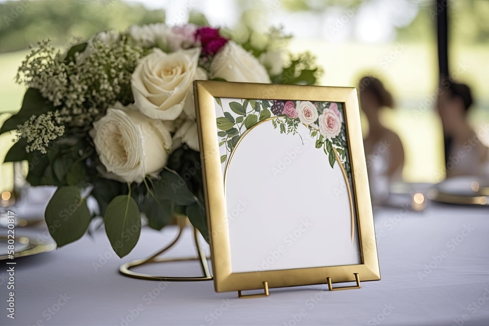 Blank white empty wedding sign information board with plants and flower ...