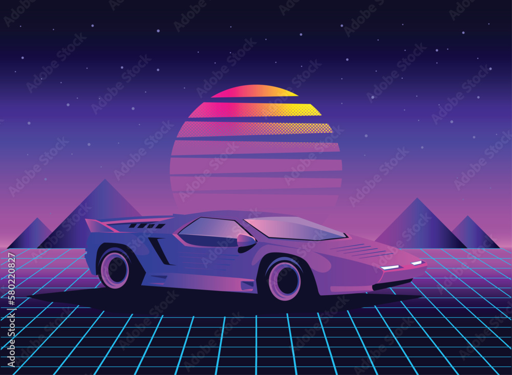 Retro 80s sci-fi futuristic style background with supercar. Vector retro futuristic synth wave ...