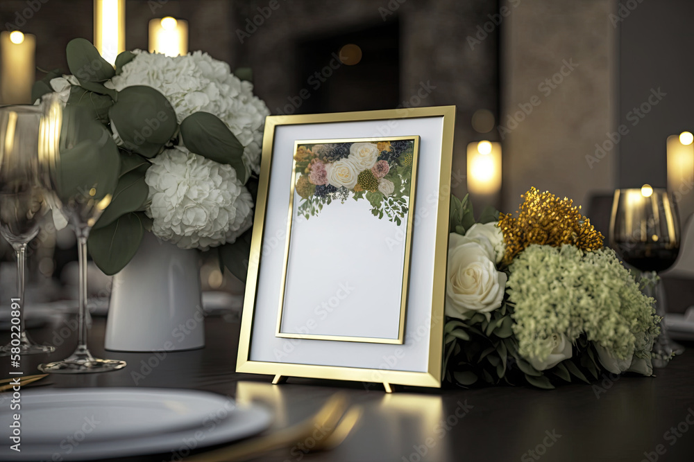 Blank white empty wedding sign information board with plants and flower ...