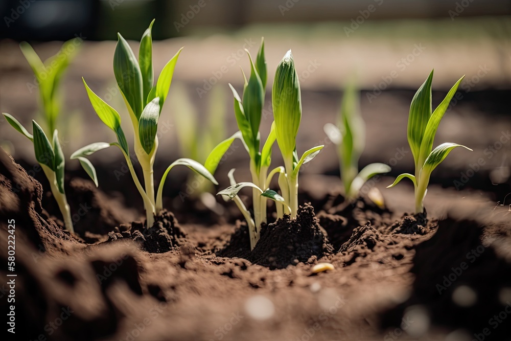 Springtime corn shoots on the field, blurred. A farm with green maize ...
